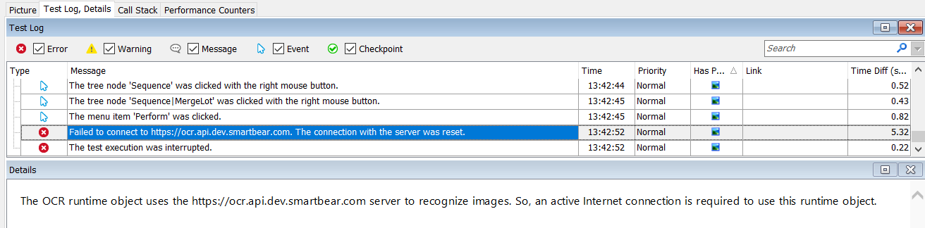 Failed to connect to https://ocr.api.dev.smartbear.com. The connection with the server was reset ...