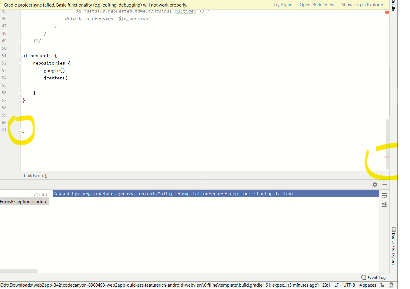 Android Studio ---Caused by: org.codehaus.groovy.control.MultipleCompilationErrorsException ...
