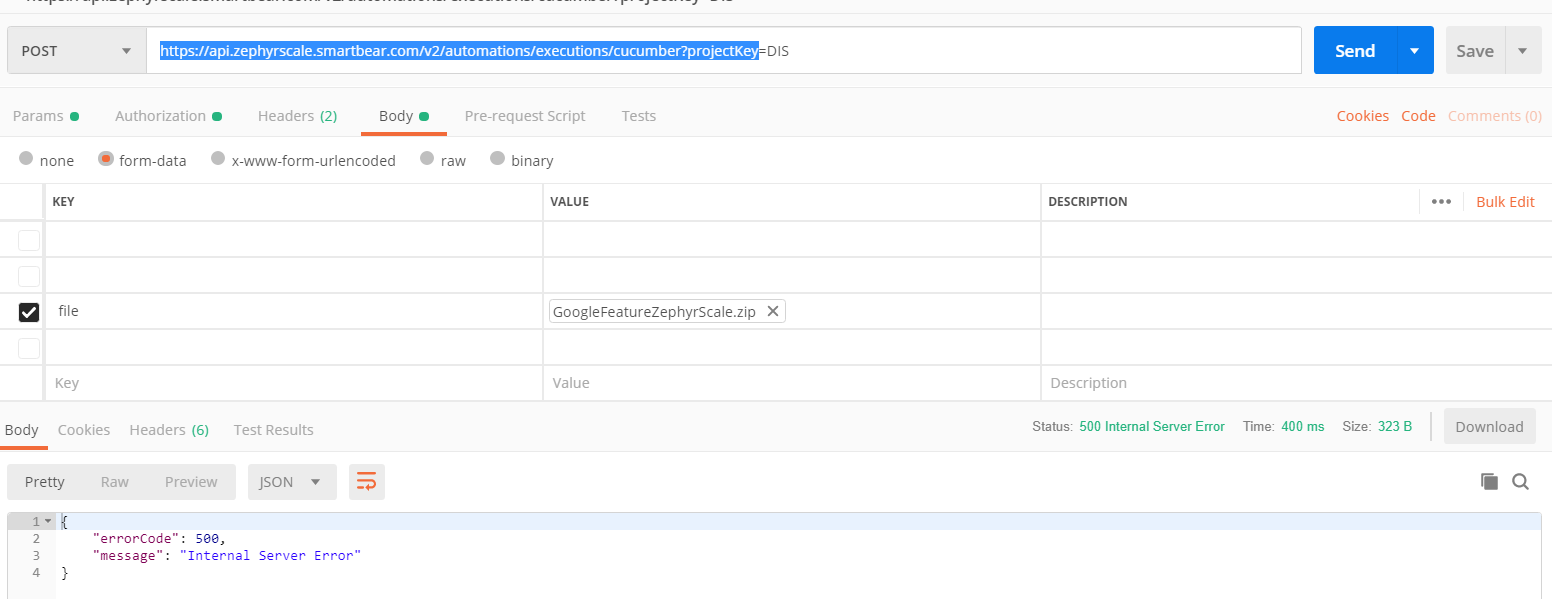 Zephyr Postman Post API Request delivers Internal Error on v2 ...