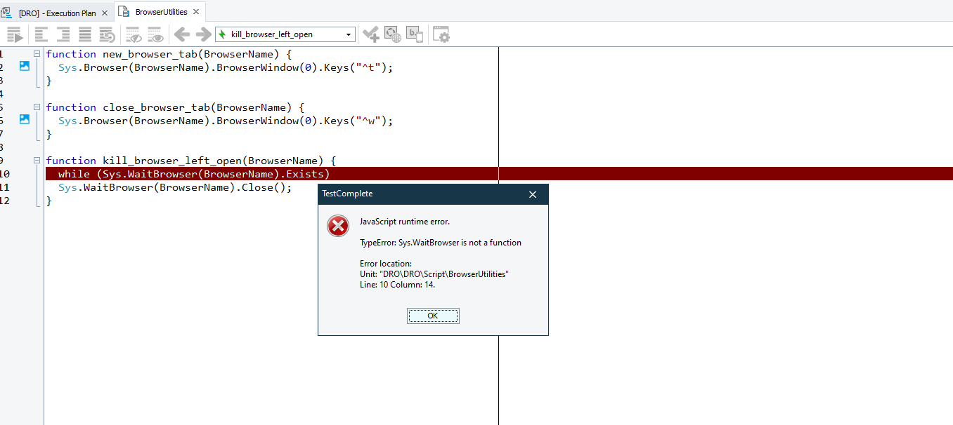 TypeError: Sys.WaitBrowser is not a function - Caused by DIsabled Extension | SmartBear Community